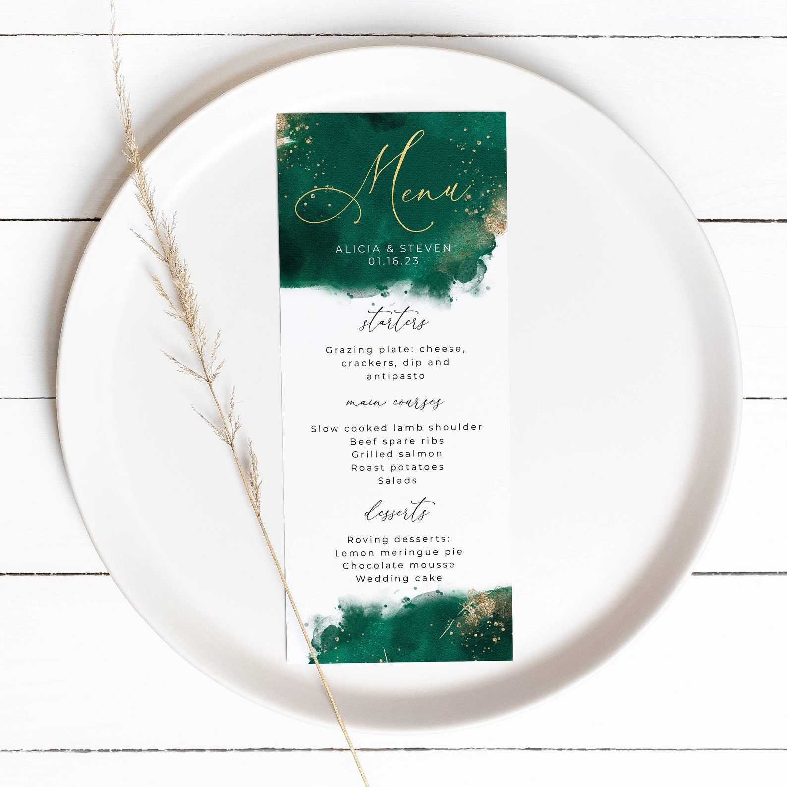 Emerald Watercolor Menu Template, Printable Hunter Green & Gold Wedding ...
