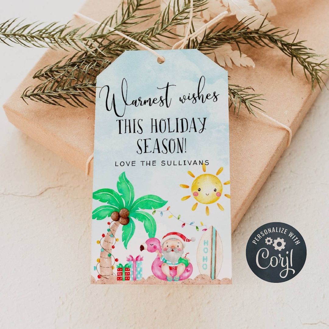 Tropical Christmas Gift Tag Template, Printable Summer Holiday Party ...