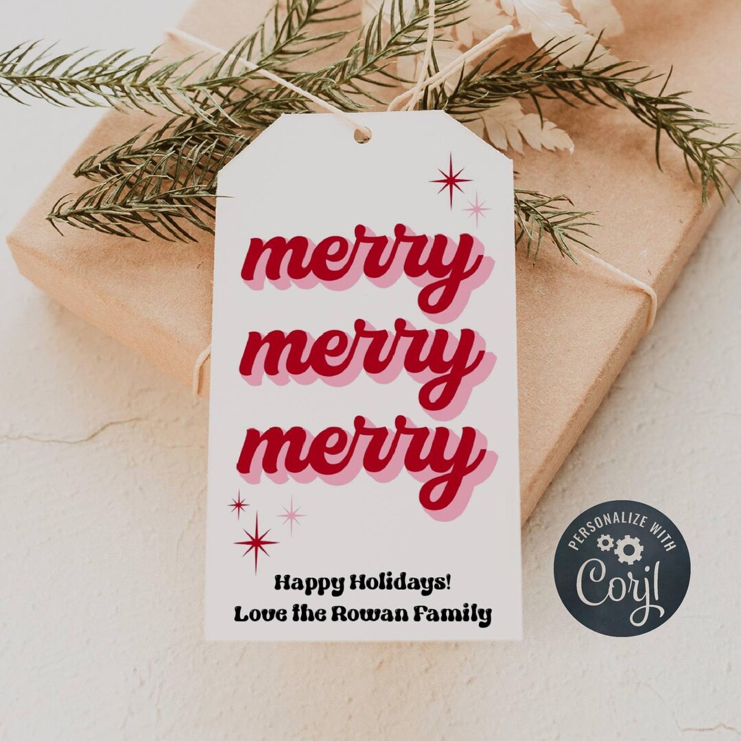 Groovy Merry Christmas Gift Tag Template, Printable Retro Holiday Favor ...