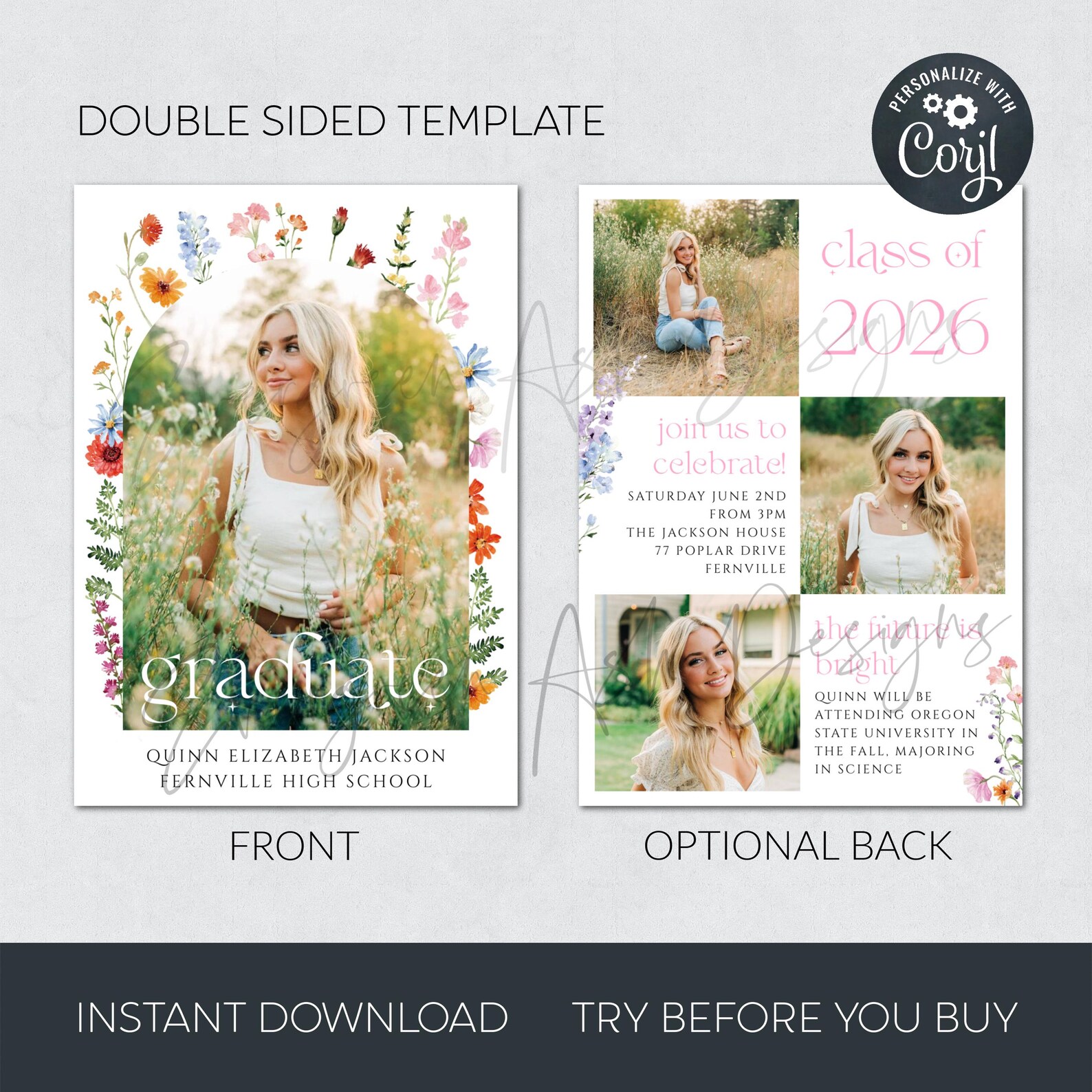Wildflowers Graduation Party Invitation Template, Printable Arch Photo ...