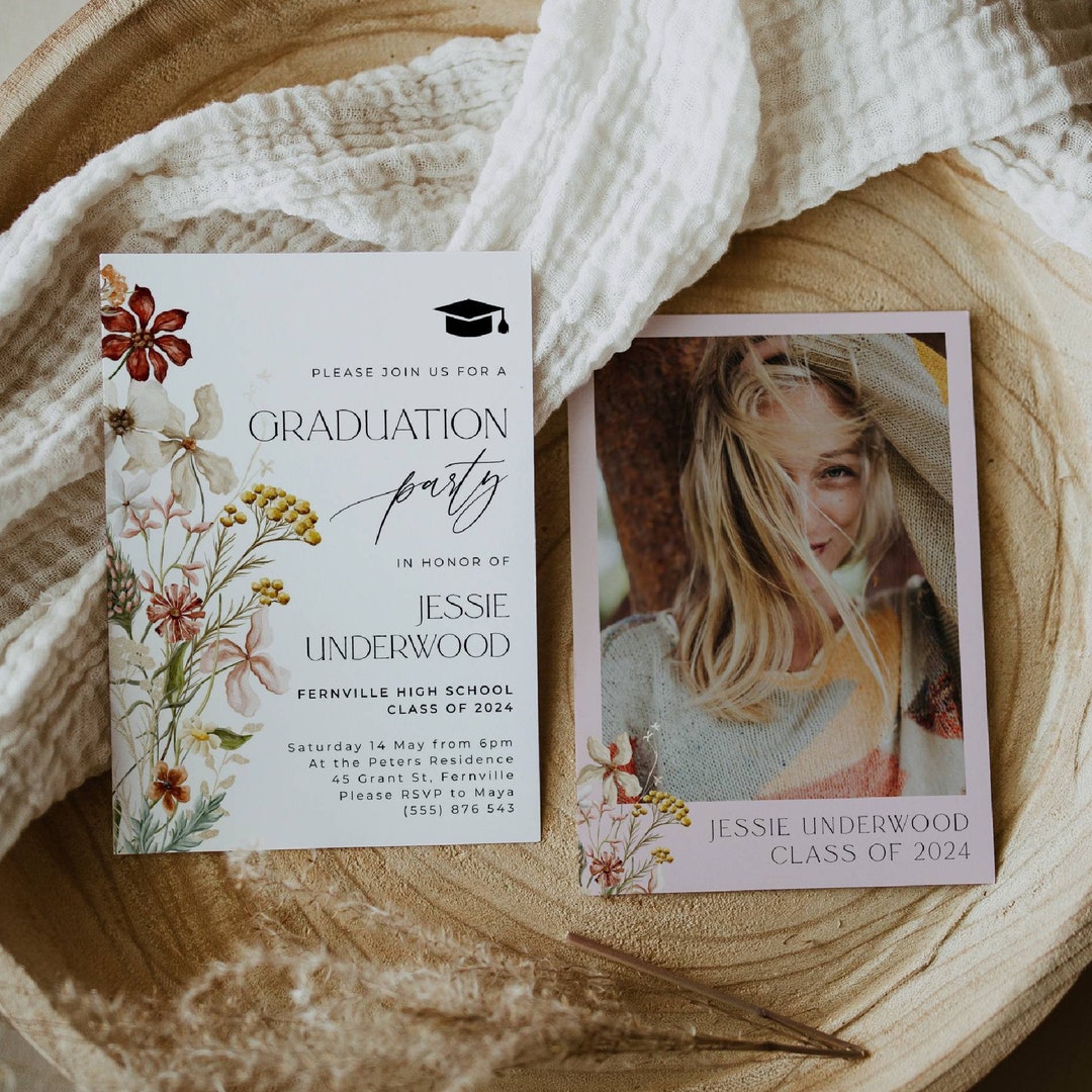 Boho Wildflowers Graduation Invitation Template, Printable Modern Photo ...