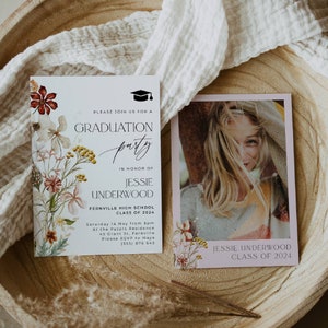 Boho Wildflowers Graduation Invitation Template, Printable Modern Photo ...