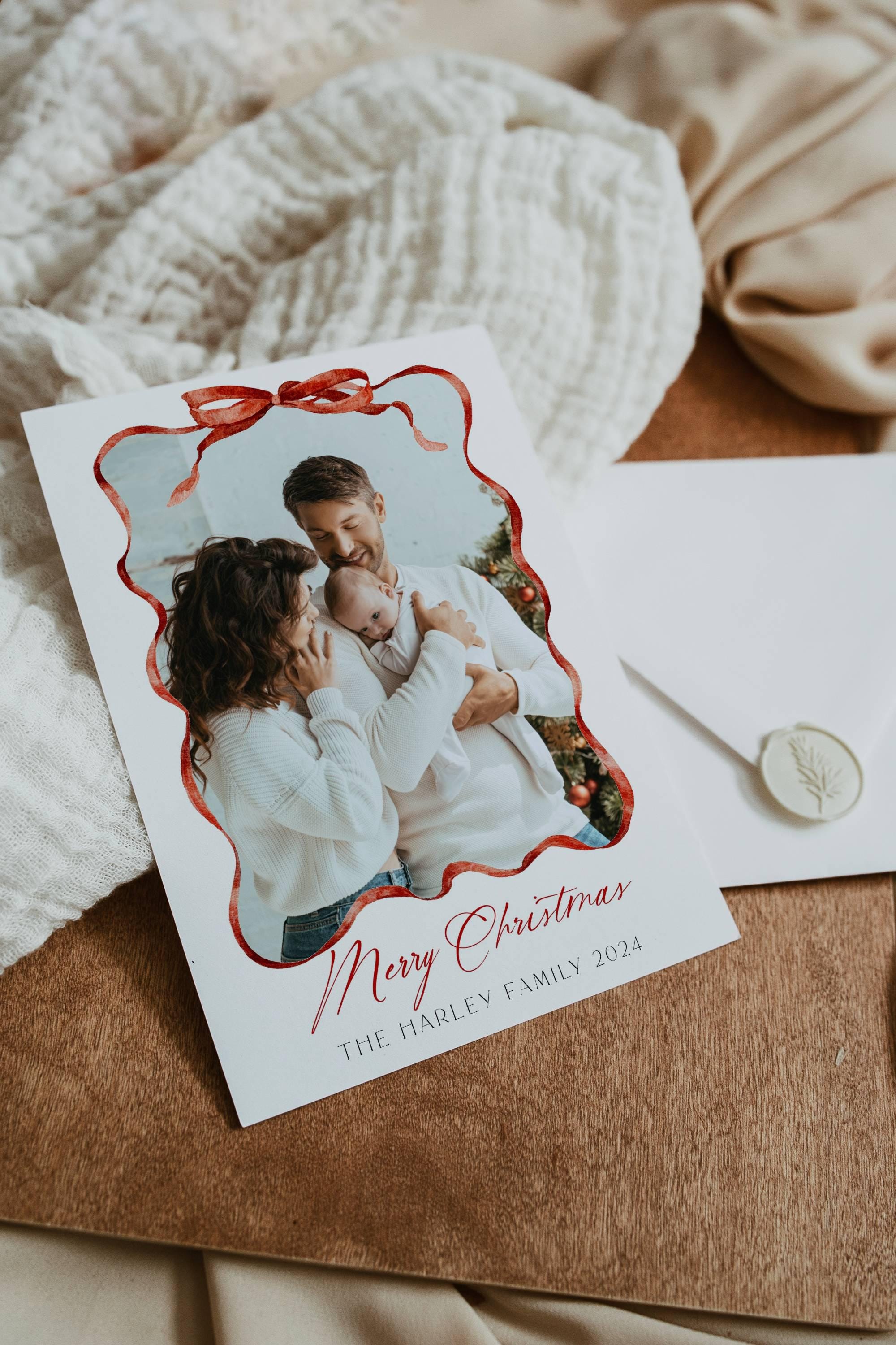 Red Bow Holiday Card Template, Printable Family Photo Christmas Card ...