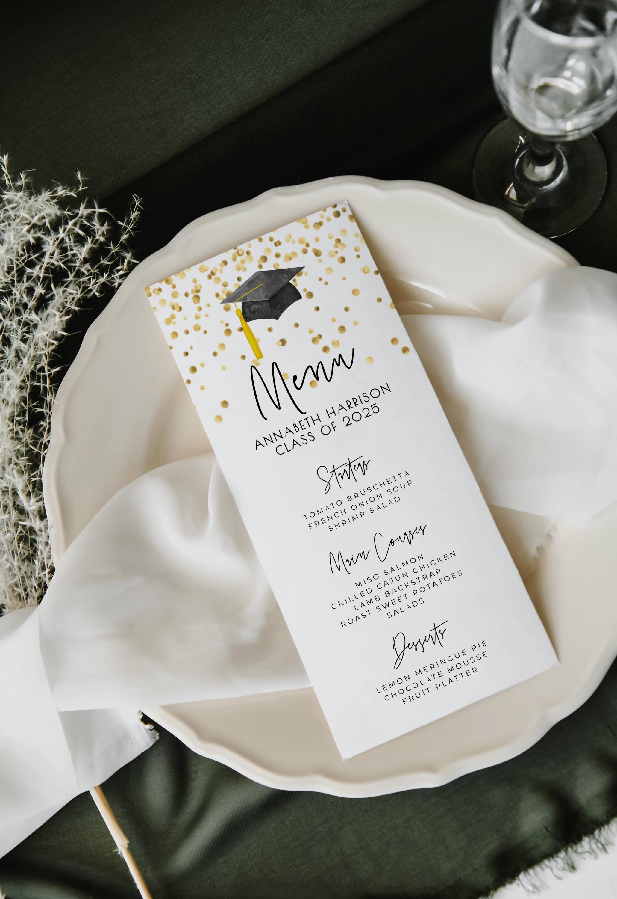 Graduation Dinner Menu Template, Printable Gold Confetti Graduate Table ...
