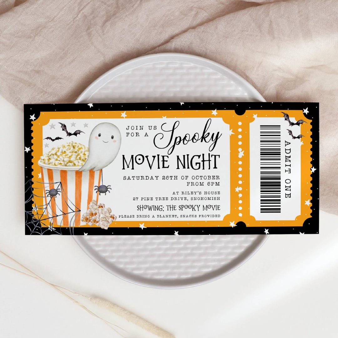 Halloween Spooky Movie Night Ticket Invitation Template, Printable ...