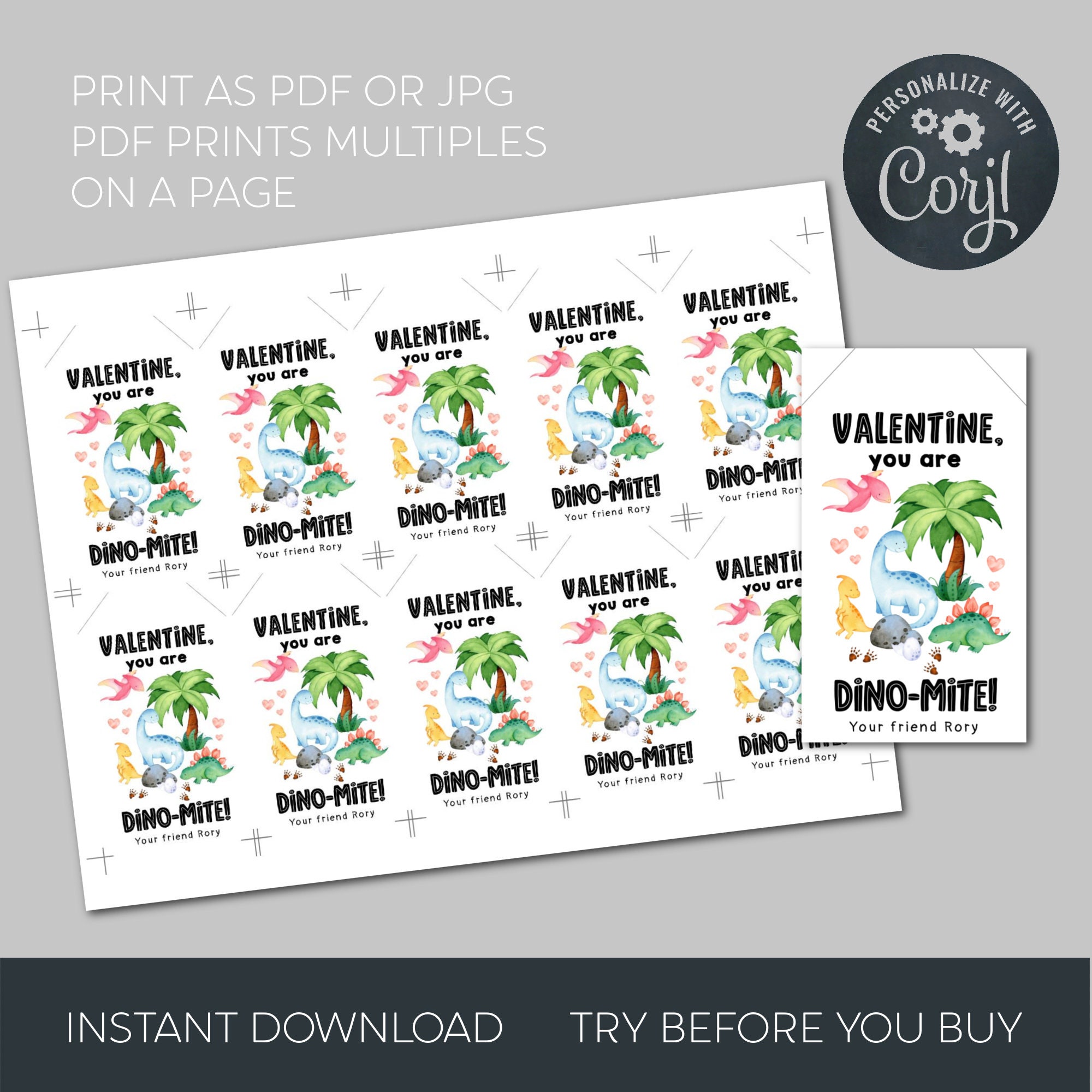 Dinosaur Valentine Gift Tag Template Printable You Are | Etsy