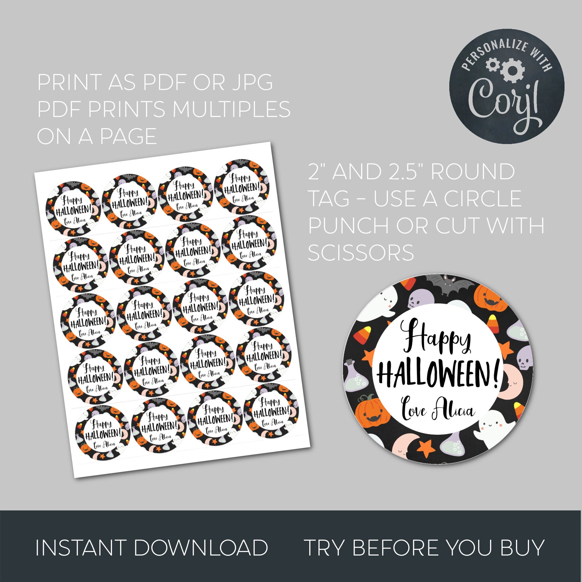 Halloween Round Gift Tag Template Printable Cute Ghost | Etsy