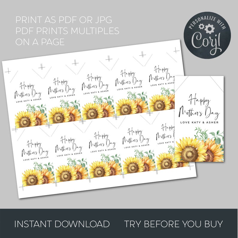 Sunflowers Mother's Day Gift Tag Template Printable - Etsy
