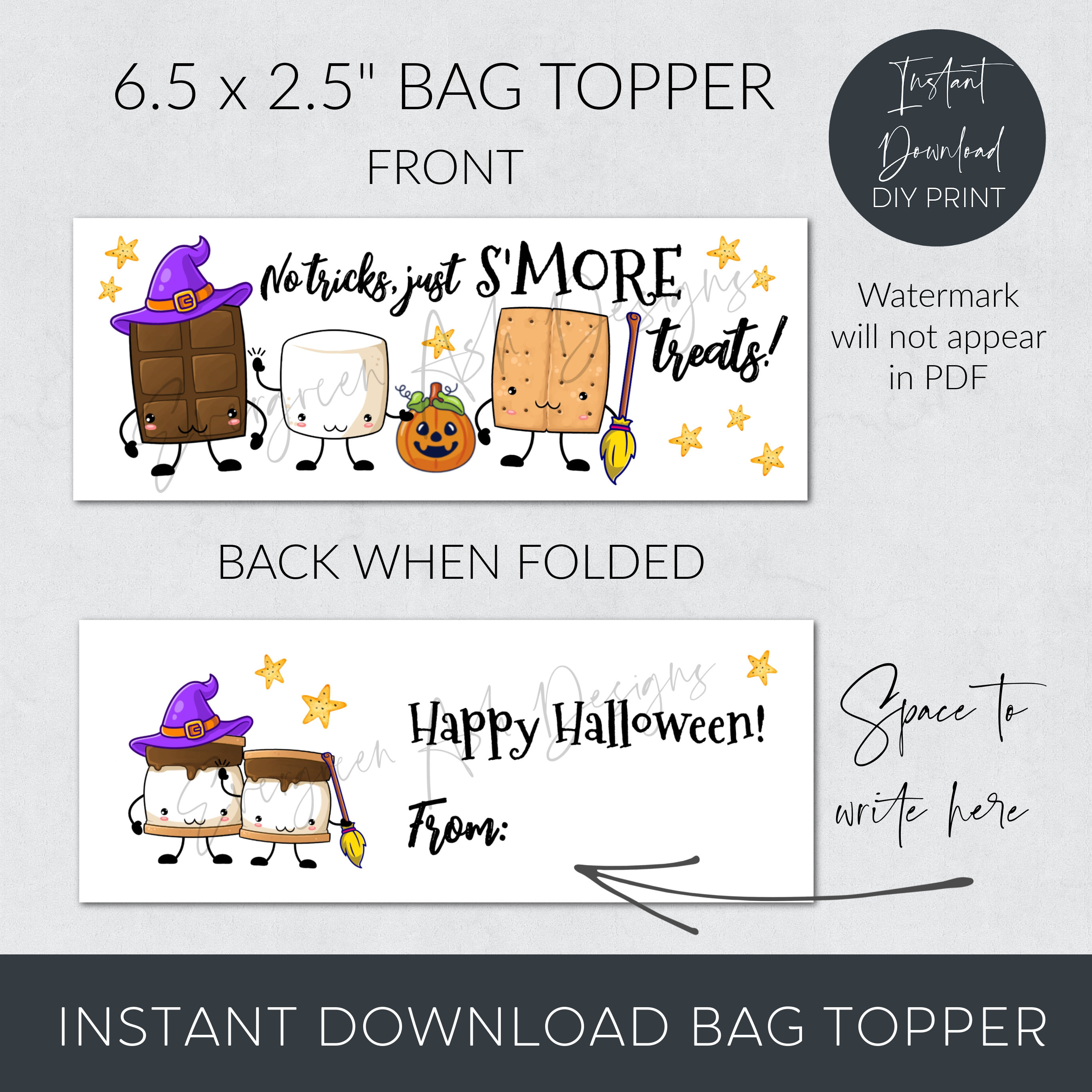 Printable S'mores Halloween Treat Bag Toppers No Tricks - Etsy