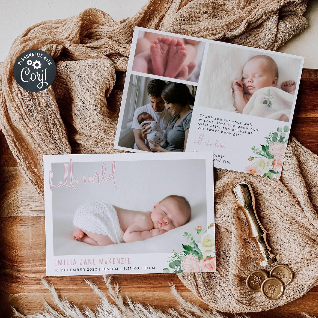 Pink Floral Birth Announcement Template, Printable Photo Newborn Baby ...
