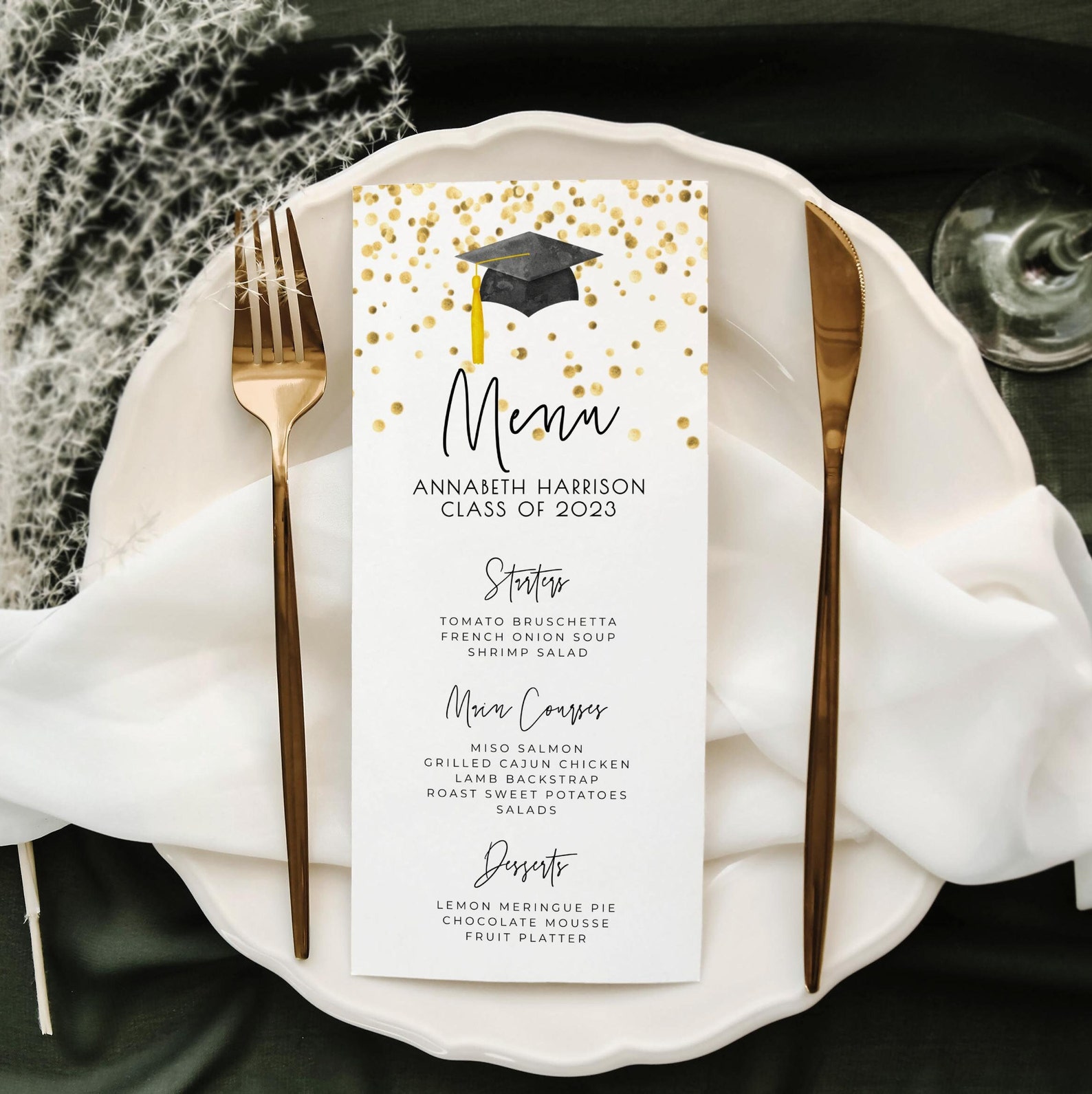 Graduation Dinner Menu Template, Printable Gold Confetti Graduate Table ...