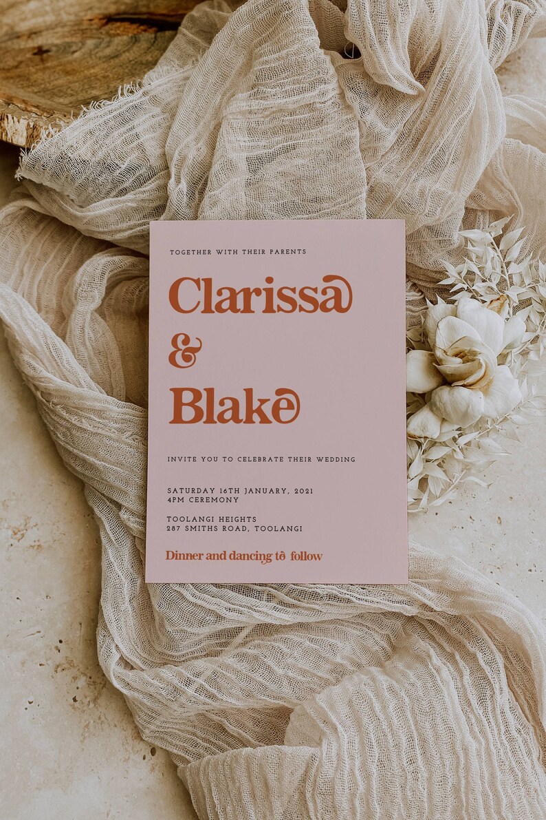 Retro Wedding Invitation Set Template, Printable Rust & Peach Wedding ...