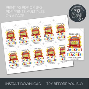 Jackpot Teacher Appreciation Gift Tag Template, Printable Teacher Thank ...