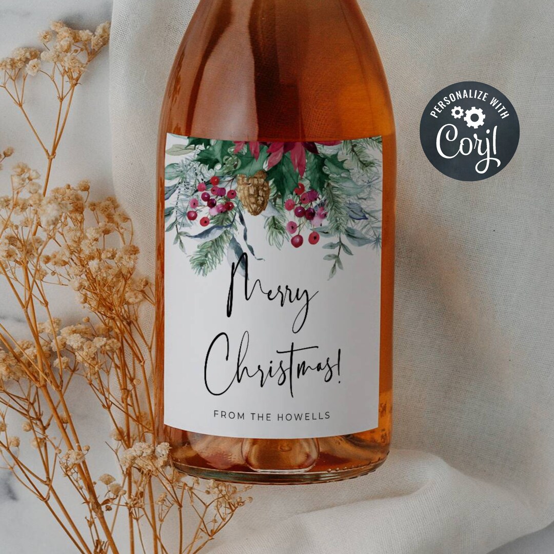 Editable Christmas Wine Bottle Label Template, Printable Holiday Floral ...