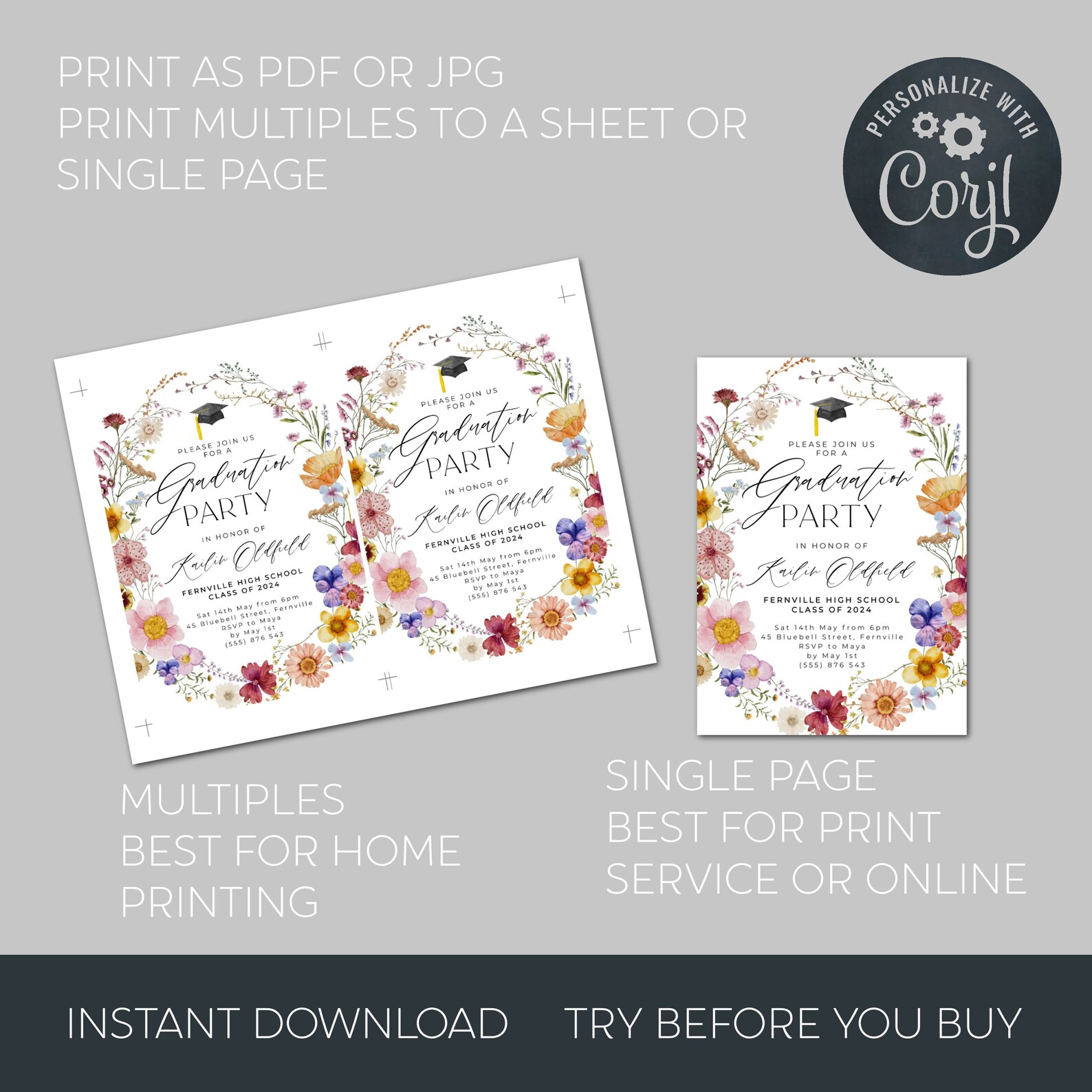 Wildflowers Graduation Invitation Template, Printable Photo Graduate ...