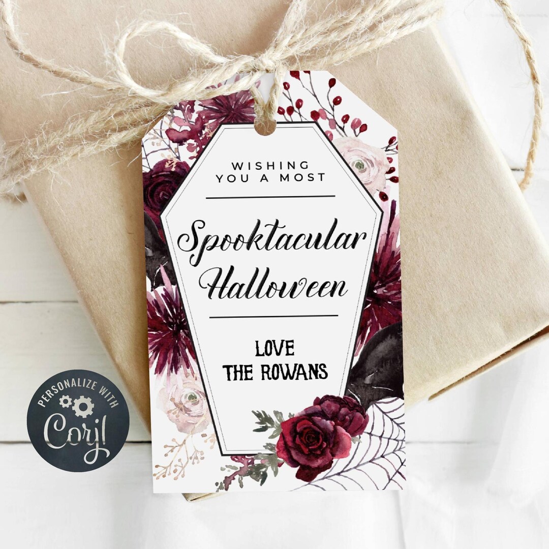 Printable Halloween Favor Tag Template, Floral Coffin Spiderwebs Gift ...