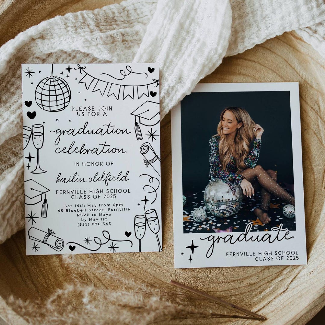 Doodles Graduation Party Photo Invitation Template, Printable Whimsical ...