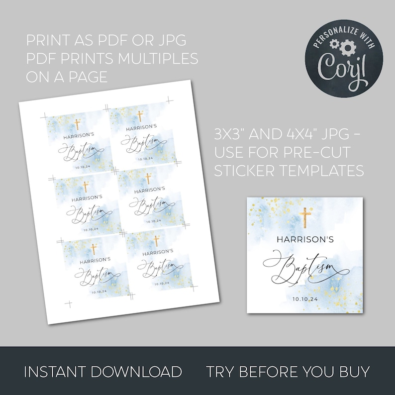 Blue & Gold Baptism Candle Label Template, Printable Watercolor ...