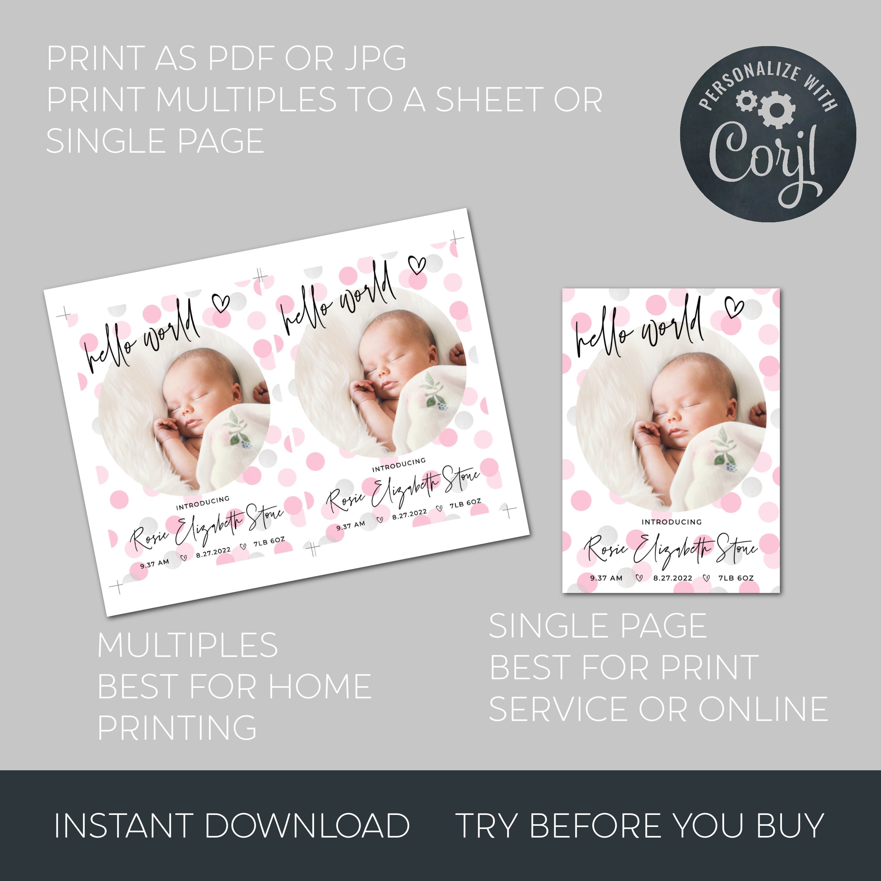 Modern Spots Birth Announcement Template, Printable Pink Polka Dot ...