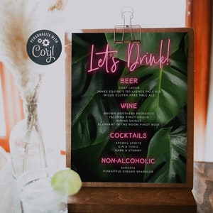 Neon Tropical Bar Menu Template Printable Beach Destination - Etsy
