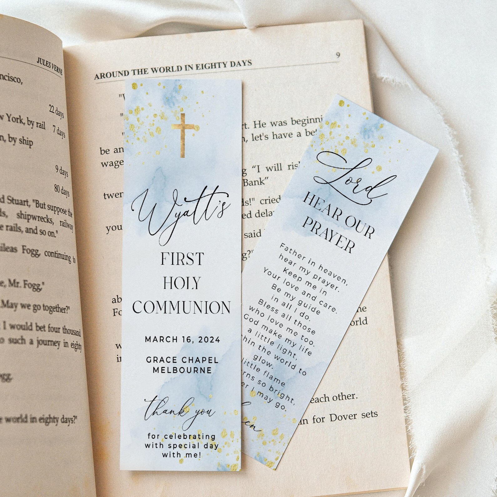 Blue & Gold First Holy Communion Bookmark Template, Printable Boy ...