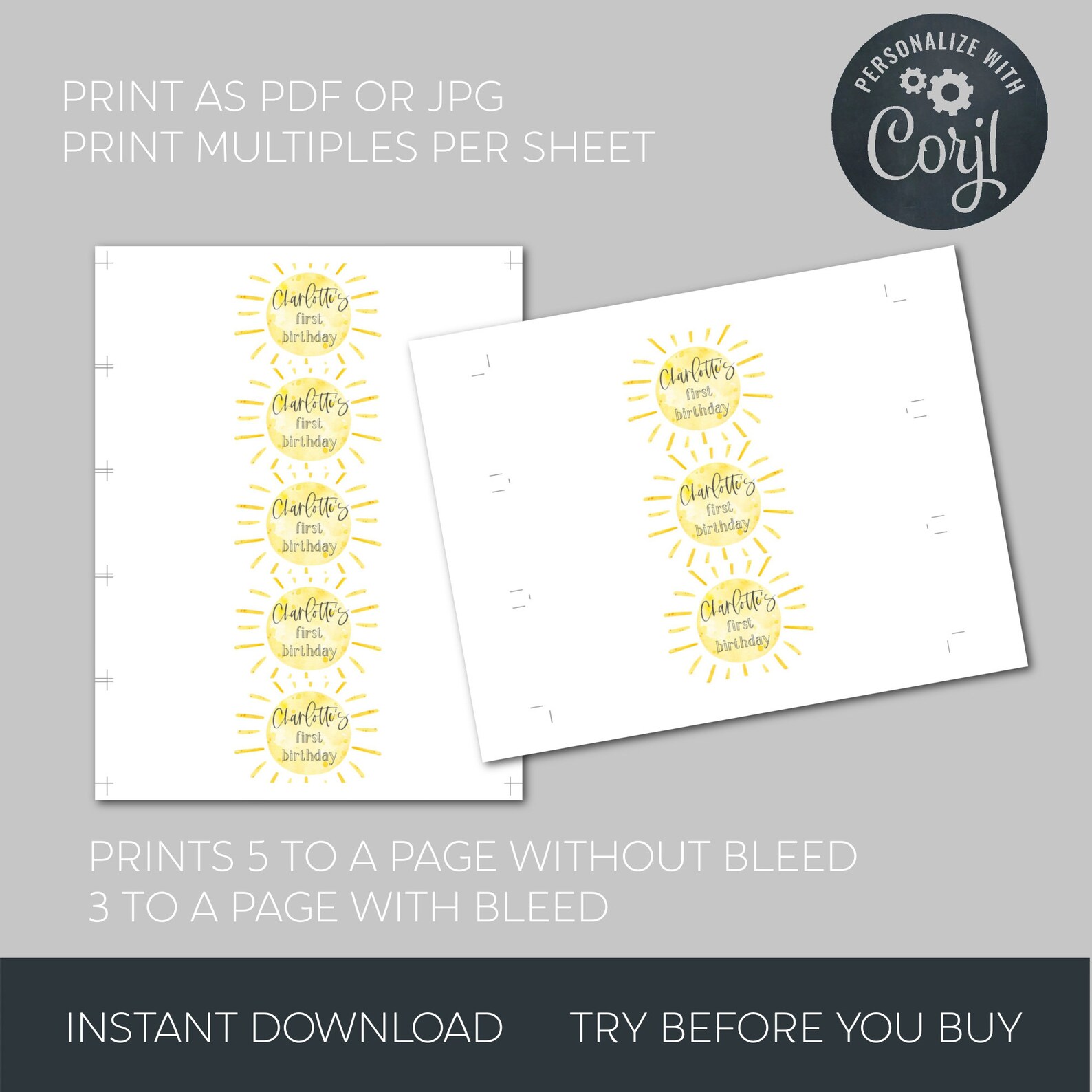 Sunshine Birthday Water Bottle Label Template, Printable First Trip ...