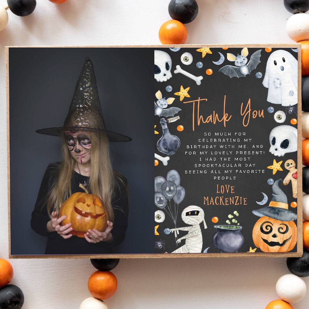 Halloween Birthday Photo Thank You Card Template, Printable Kids Spooky ...