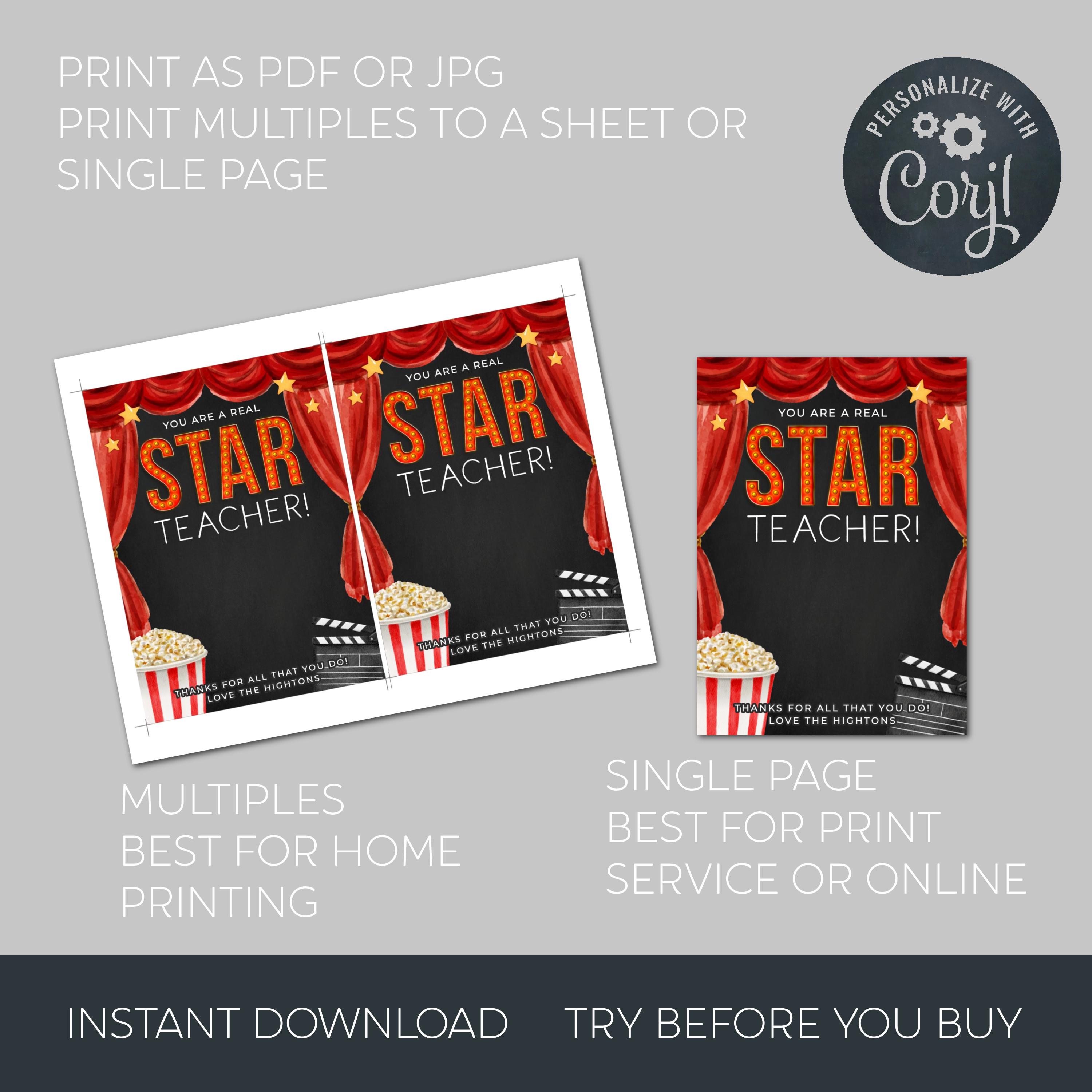 Teacher Appreciation Movie Gift Card Holder Template, Printable You Are ...