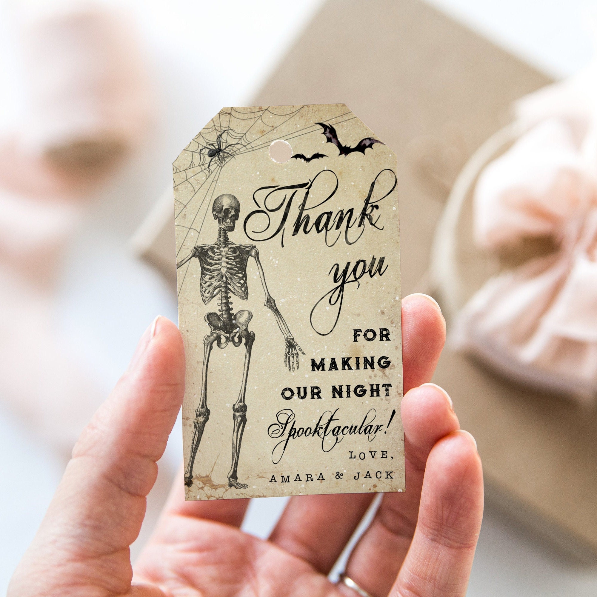 Vintage Skeleton Halloween Party Favor Tag Template, Editable ...