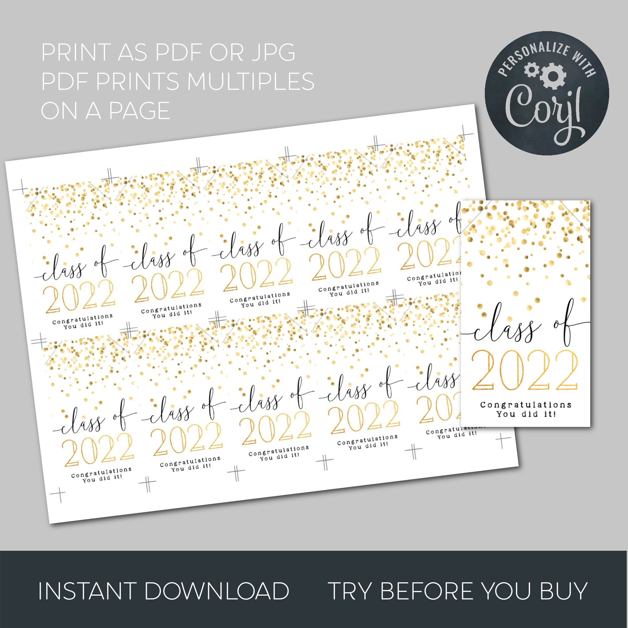 Graduation Class of 2025 Favor Tag Template, Printable Gold Confetti ...