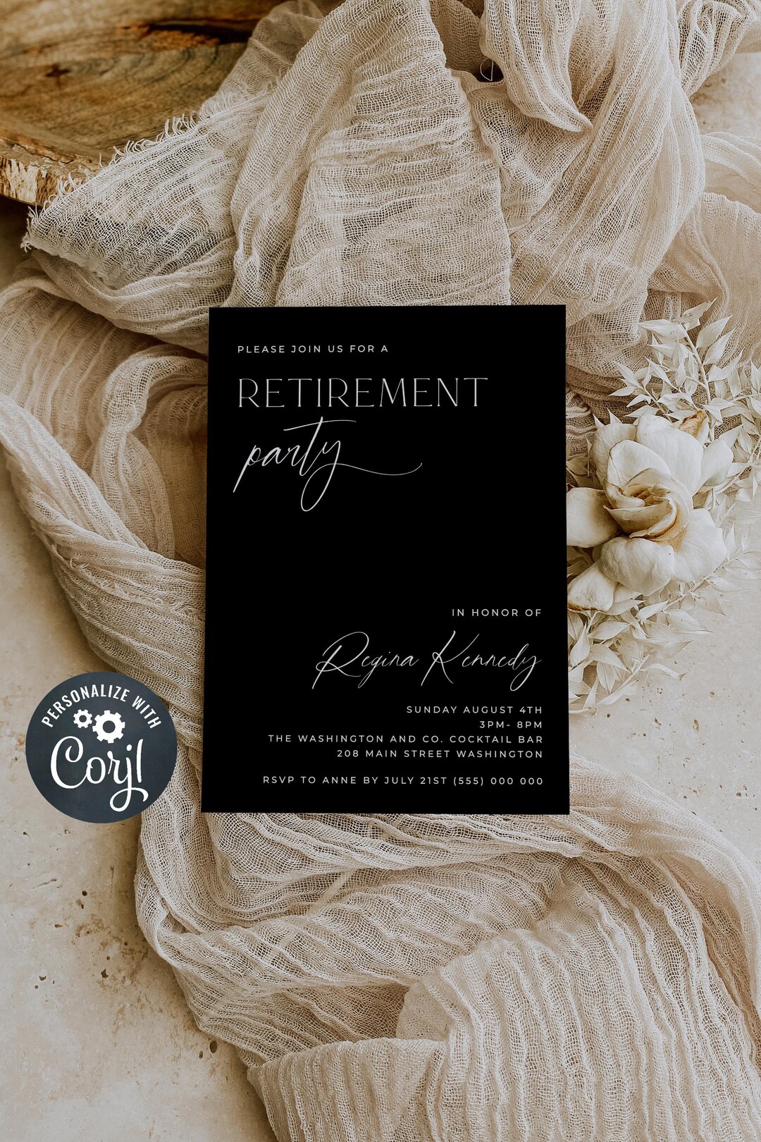 Modern Black Retirement Party Invitation Template, Printable Minimalist ...