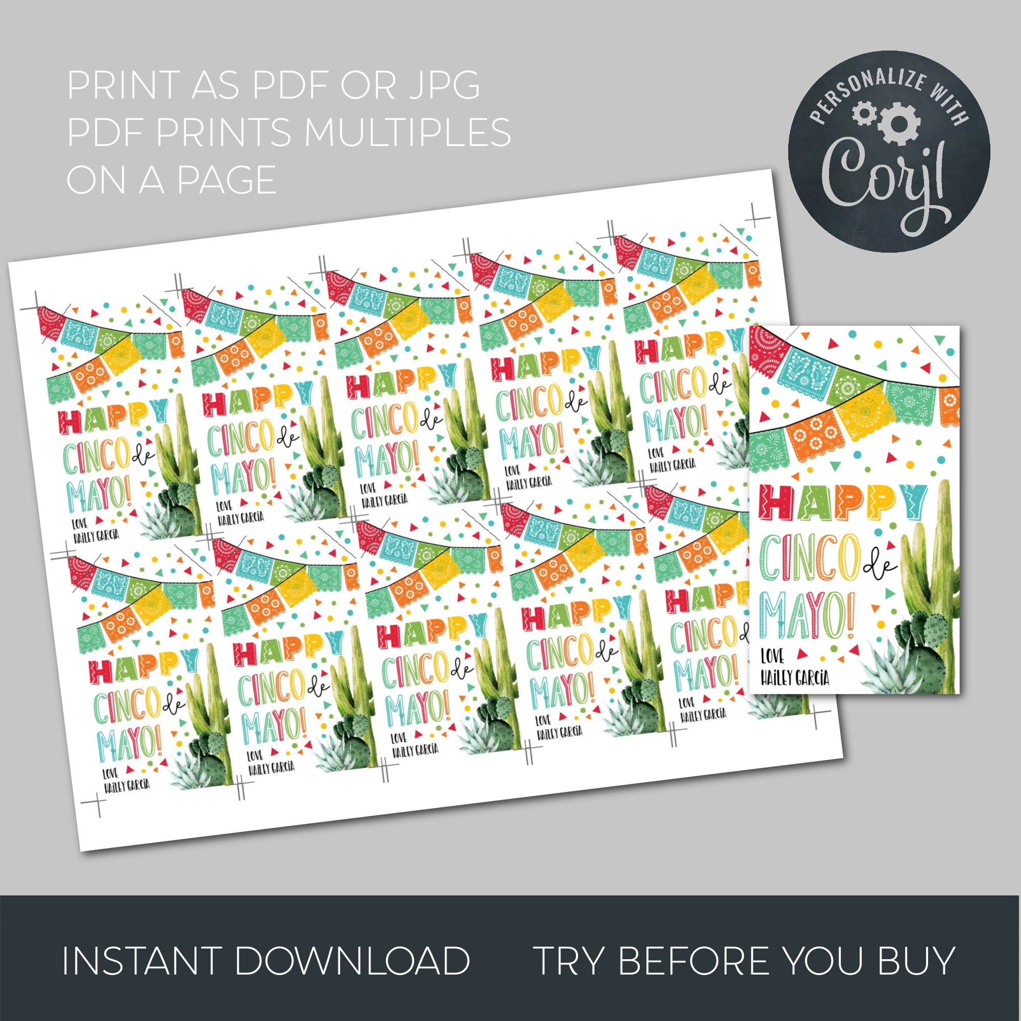 Happy Cinco De Mayo Gift Tag Template, Printable Mexican Fiesta Favor ...