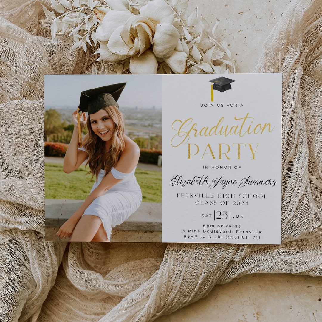 Minimalist Gold Graduation Party Photo Invitation Template, Printable ...
