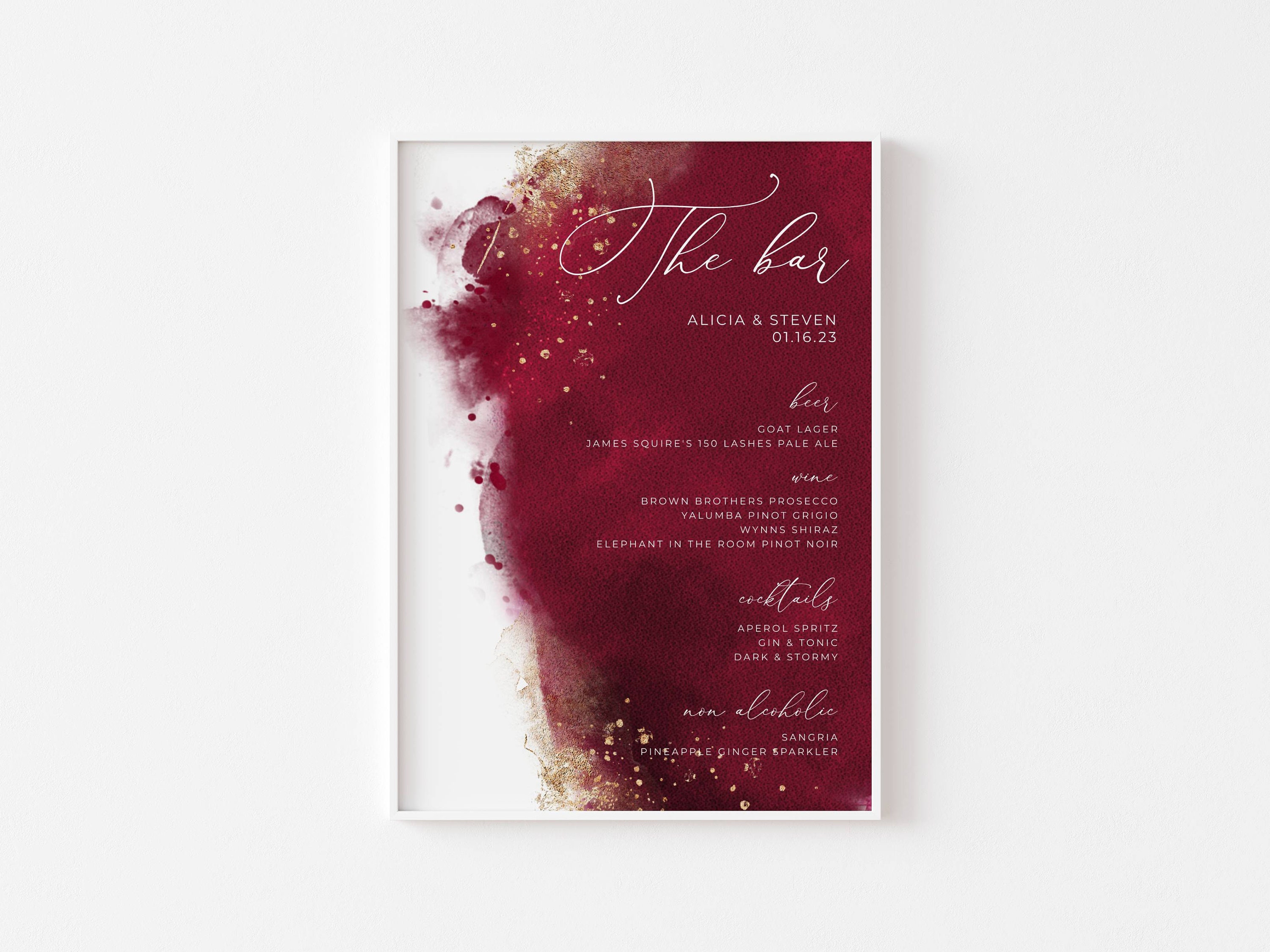 Burgundy Watercolor Bar Menu Template Printable Maroon & Gold | Etsy