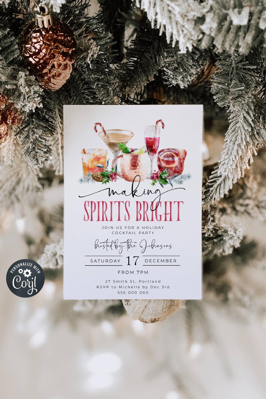 Editable Making Spirits Bright Holiday Cocktail Party Invitation ...