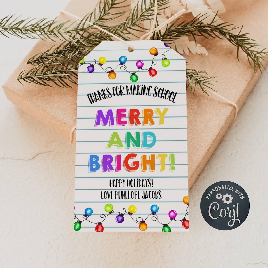 Christmas Teacher Thank You Gift Tag Template, Printable Merry & Bright ...