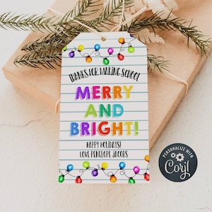 Christmas Teacher Thank You Gift Tag Template, Printable Merry & Bright ...