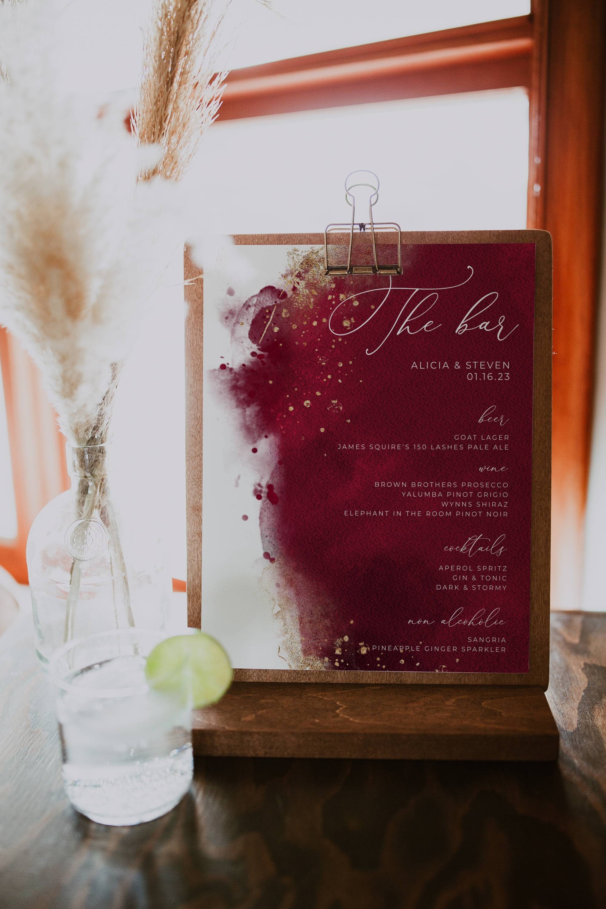 Burgundy Watercolor Bar Menu Template Printable Maroon & Gold - Etsy