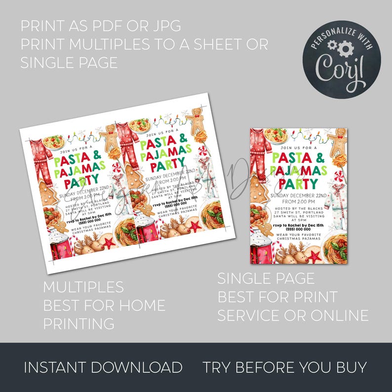Pasta & Pajamas Christmas Invitation Template, Printable Holiday ...