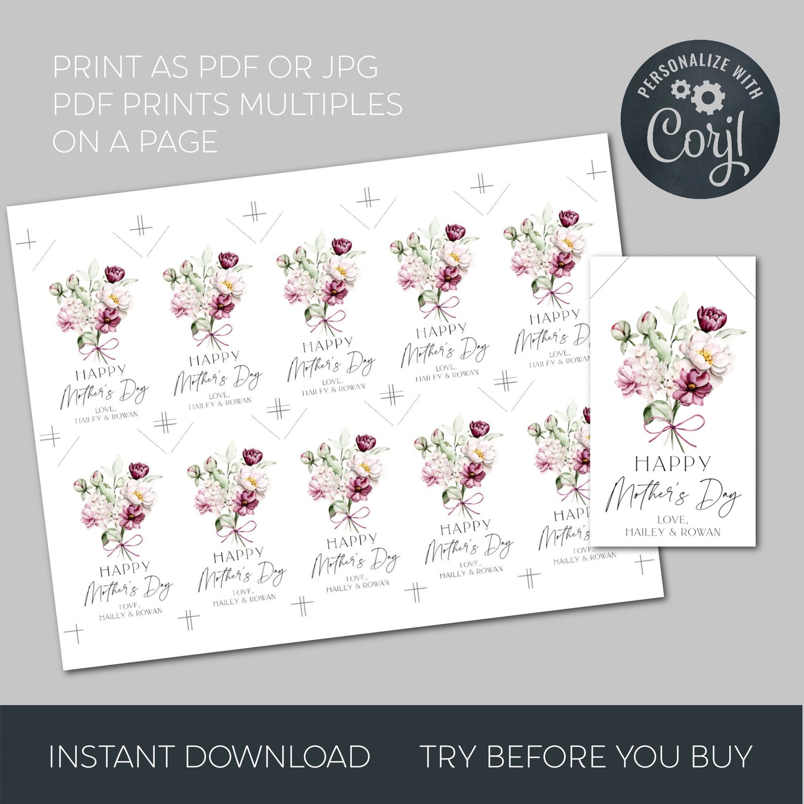 Floral Mother's Day Gift Tag Template, Printable Watercolor Bouquet ...