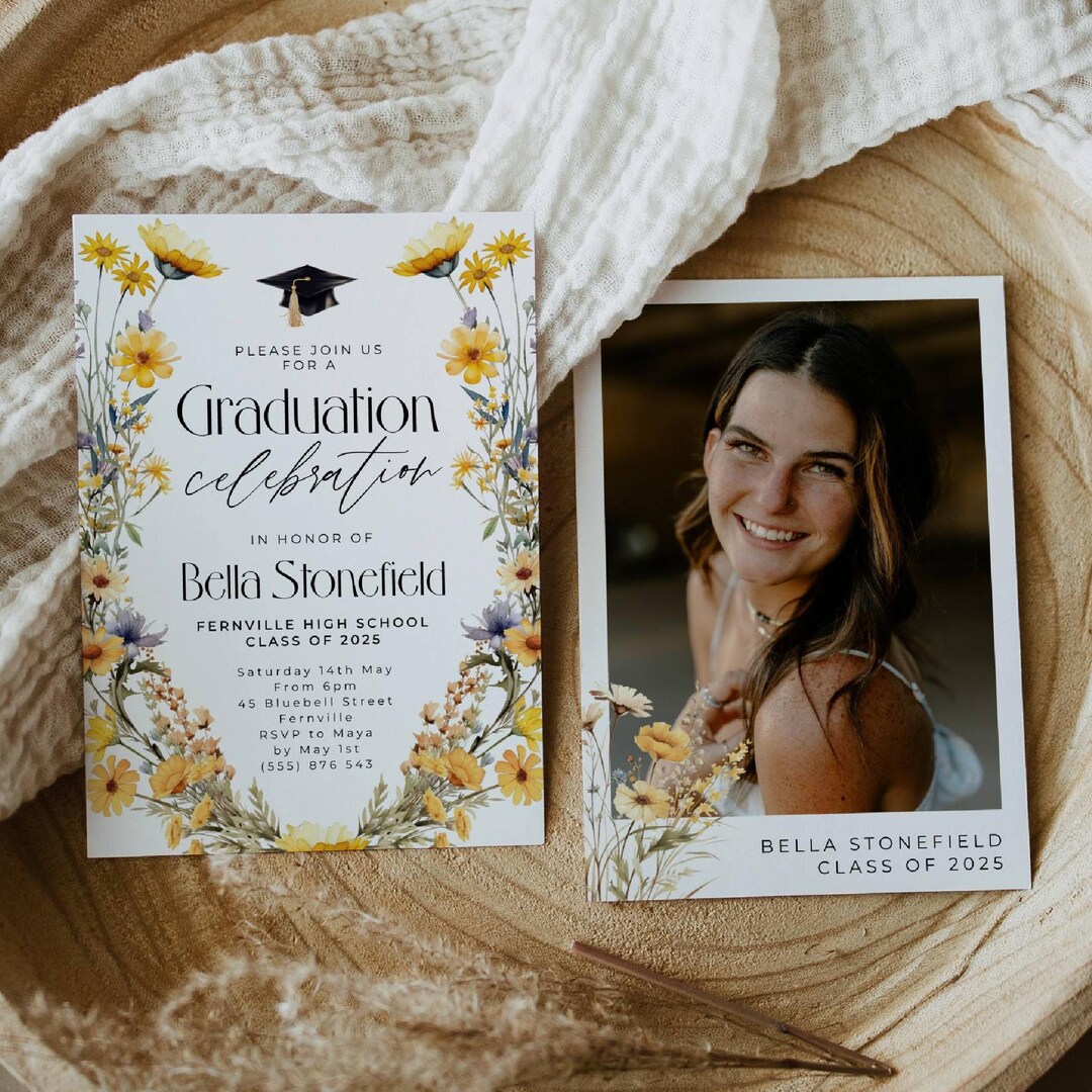 Wildflowers Graduation Invitation Template, Printable Modern Boho Photo ...