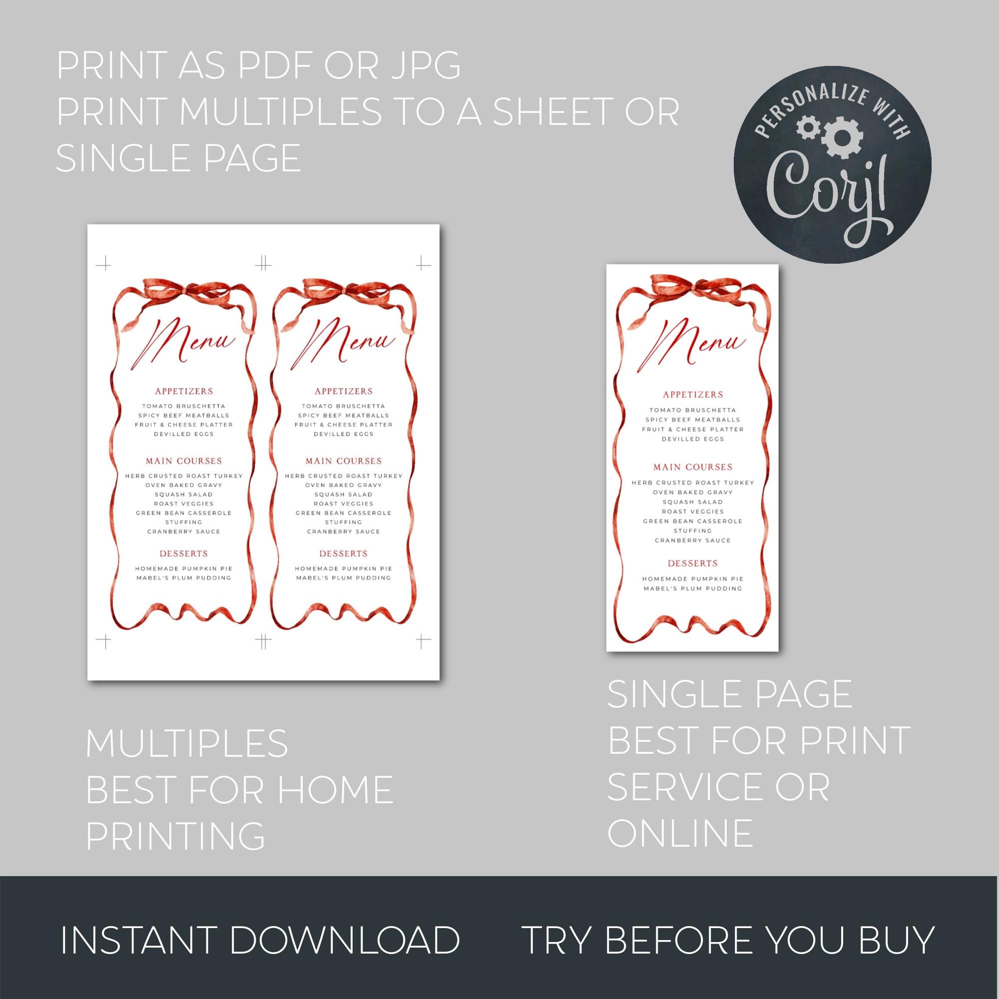 Red Ribbon Christmas Menu Template, Printable Red Bow Holiday Dinner ...