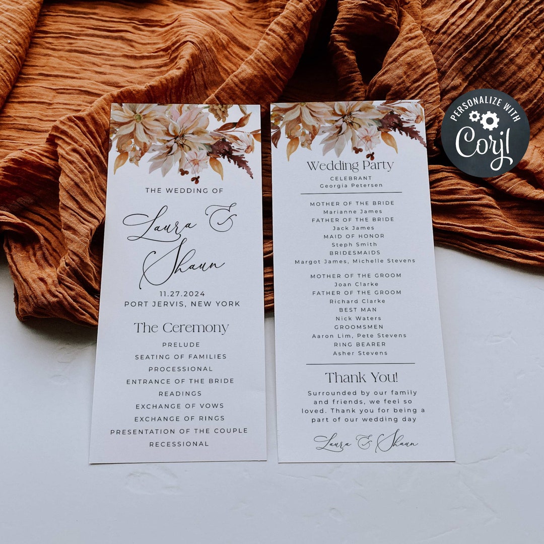 Boho Fall Wedding Program Template, Printable Autumn Floral Ceremony ...