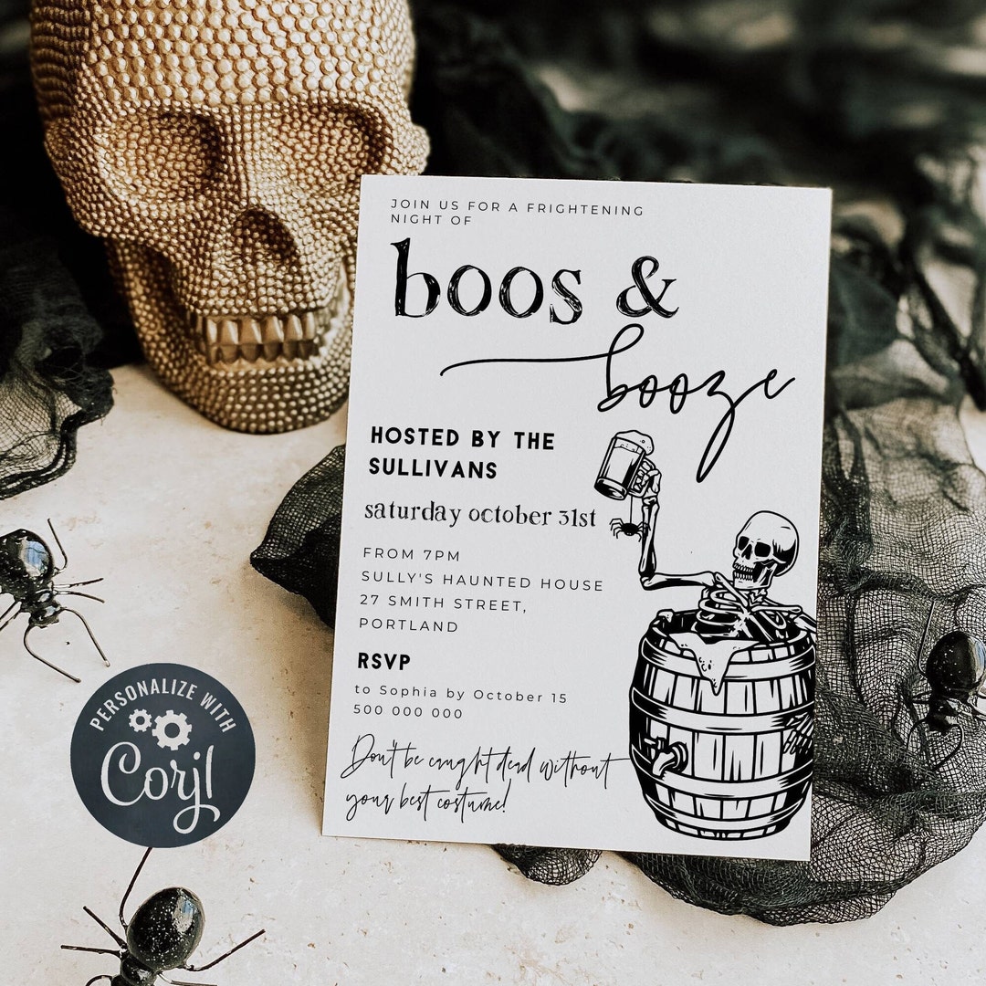 Skeleton Boos & Booze Halloween Party Invitation Template - Etsy