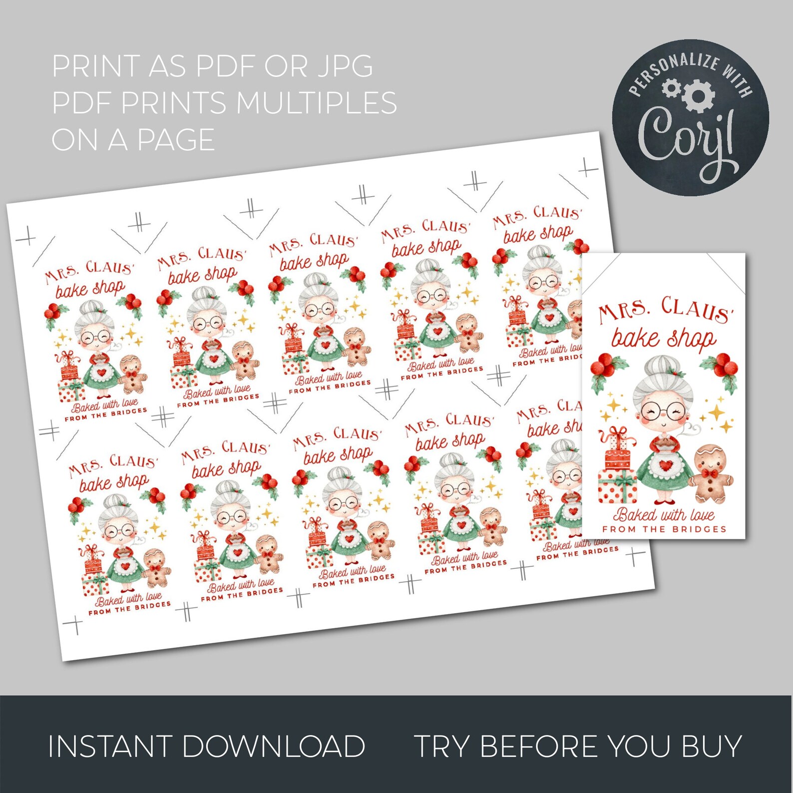 Mrs. Claus' Bake Shop Christmas Gift Tag Template, Printable Baked With ...