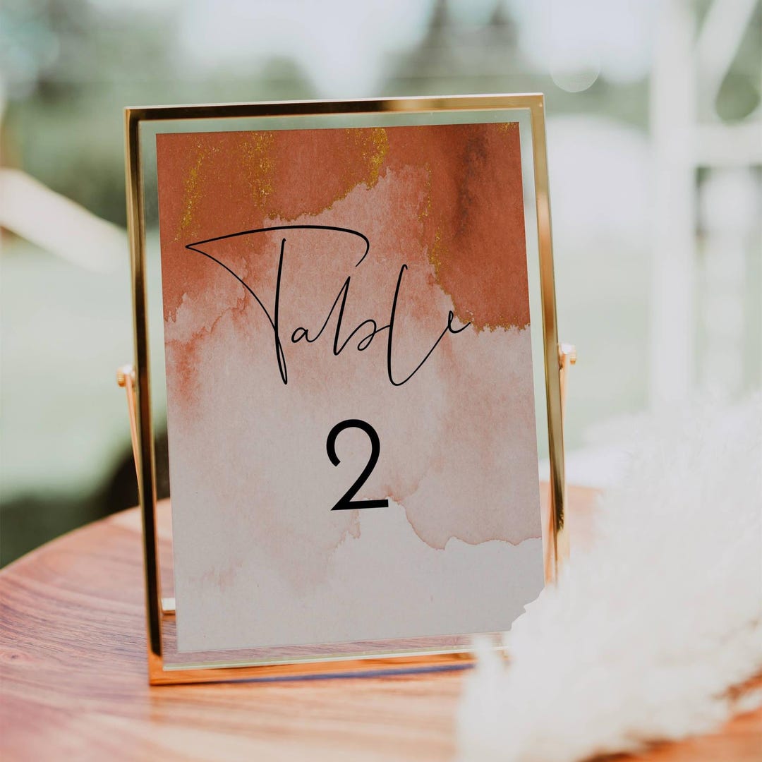Rust & Gold Wedding Table Number Template, Printable Copper Watercolor ...
