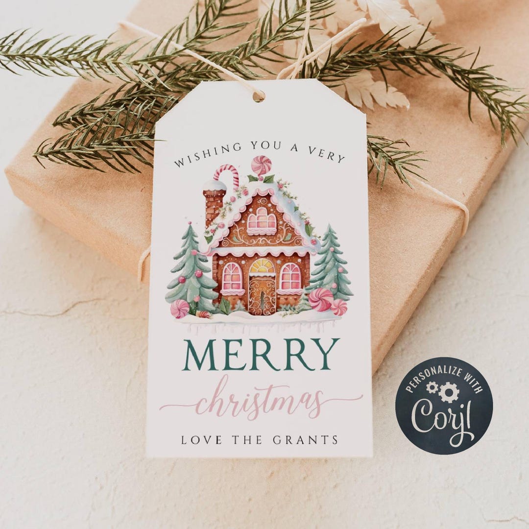 Pink Gingerbread House Gift Tag Template, Printable Holiday Favor Tag ...