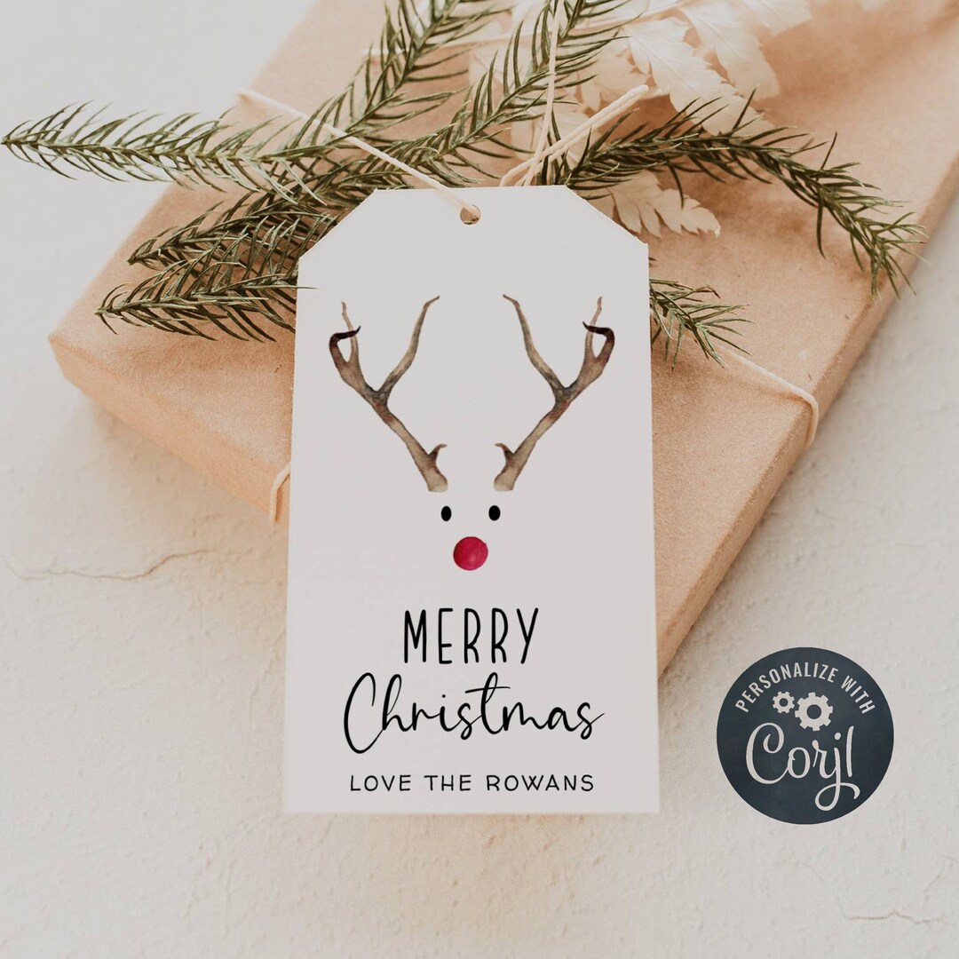 Reindeer Christmas Gift Tag Template, Printable Cute Holiday Favor Tag ...