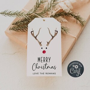 Reindeer Christmas Gift Tag Template, Printable Cute Holiday Favor Tag ...