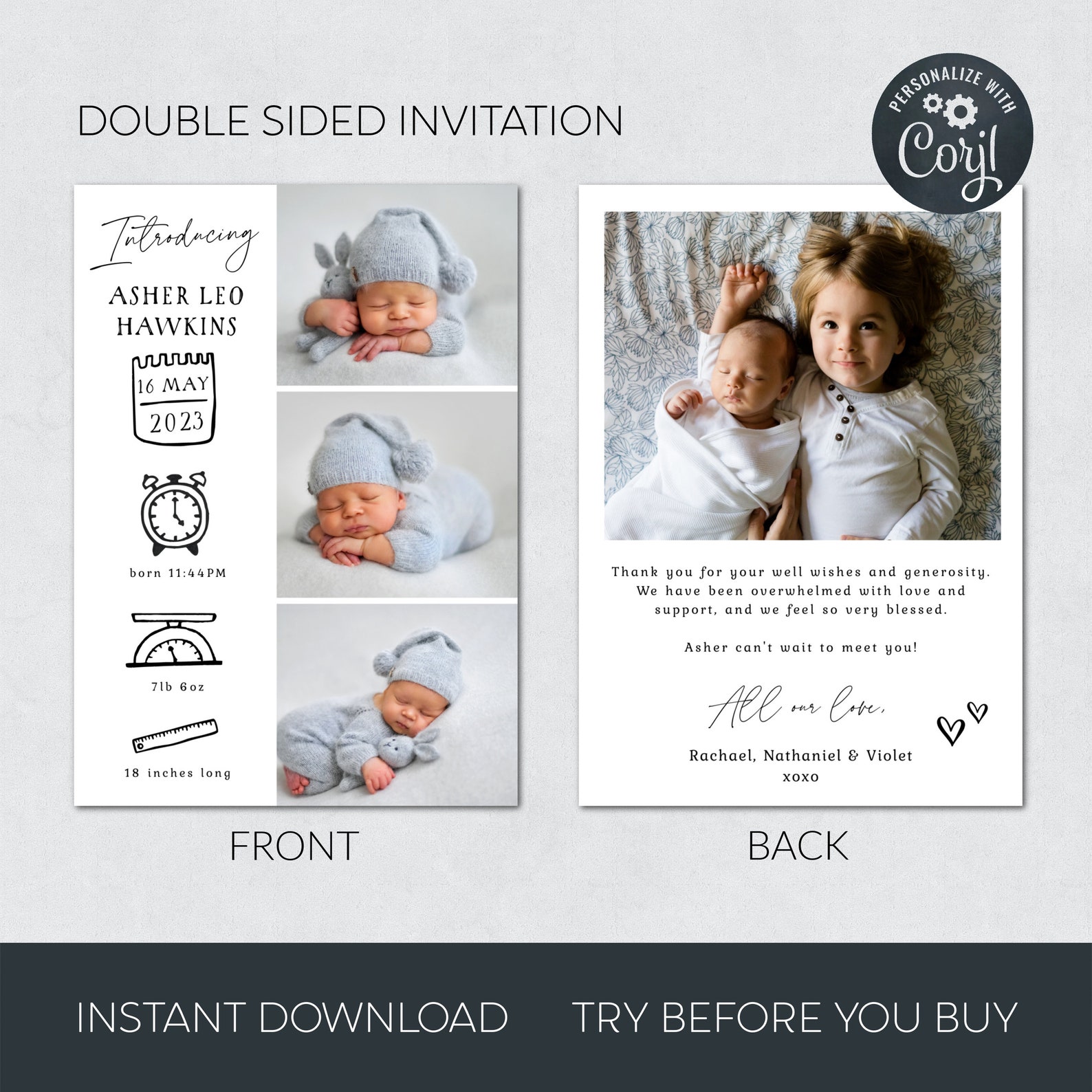 Editable Newborn Baby Birth Announcement Template, Printable Photo ...